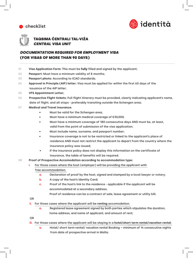 Malta Employment Visa Document Checklist | PDF | Travel Visa | Passport