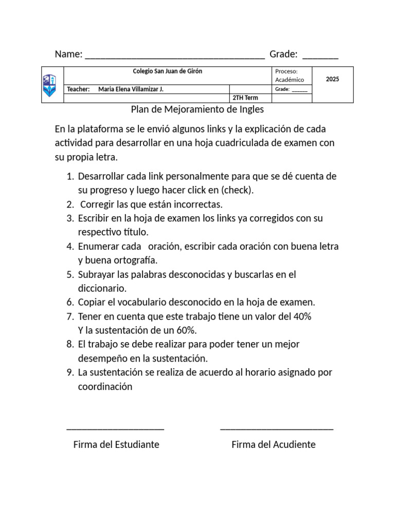 Plan de Mejoramiento Second Term | PDF
