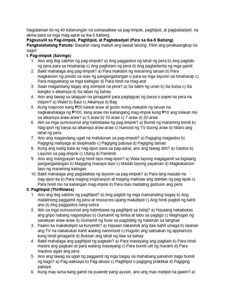 Create A 40 Item Quiz About Savings, Thriftyness, ... | PDF