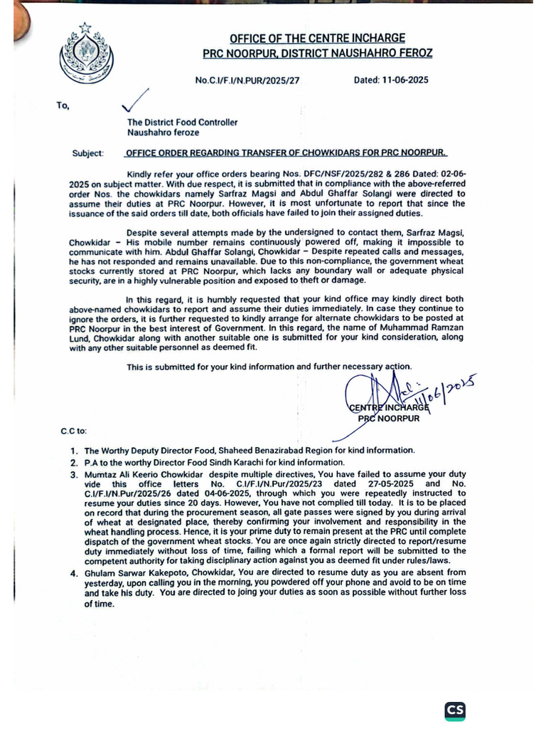 Report of Chowkidars of PRC Noorpur | PDF