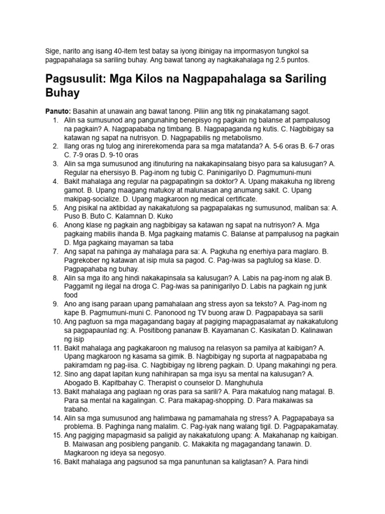 Mga Kilos Na Nagpapahalaga Sa Sariling Buhay-Ang P... | PDF
