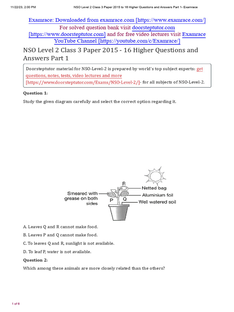 NSO Level 2 Class 3 Paper 2015 16 Part 1 | PDF | Water | Zoology