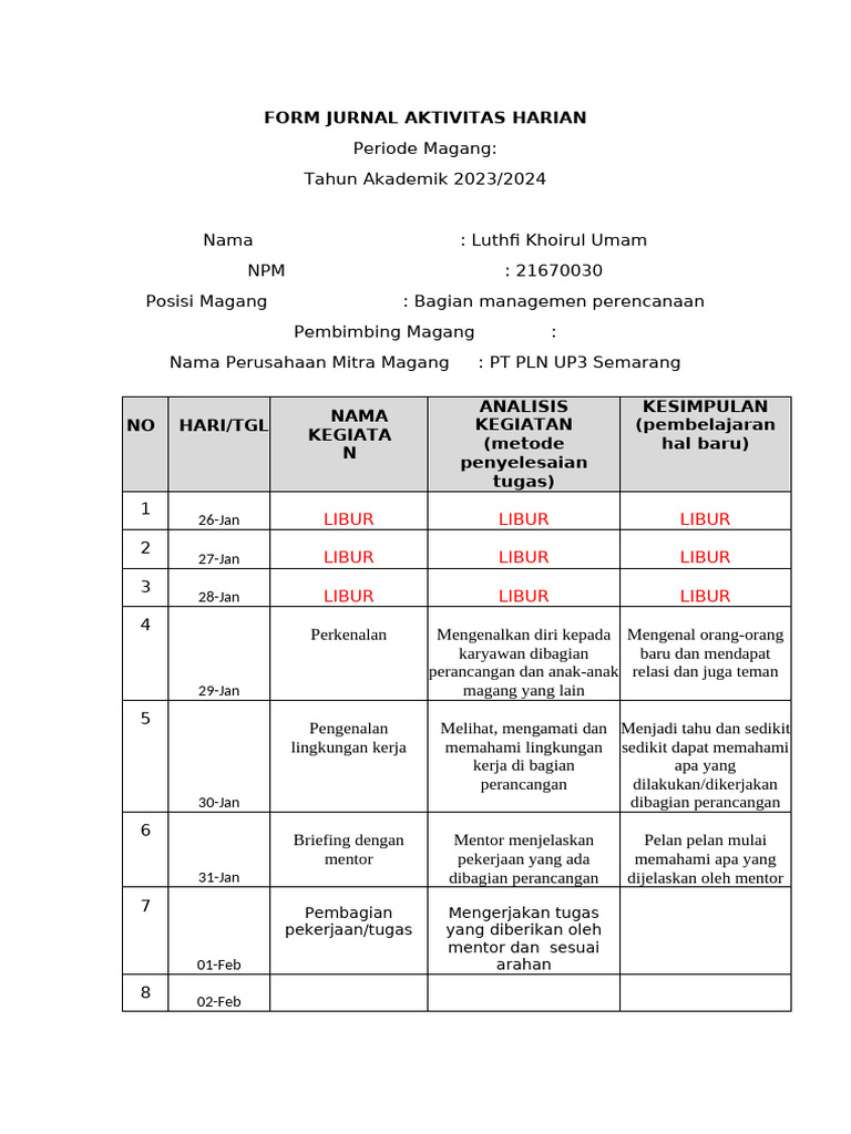 Form Jurnal Aktivitas Harian | PDF