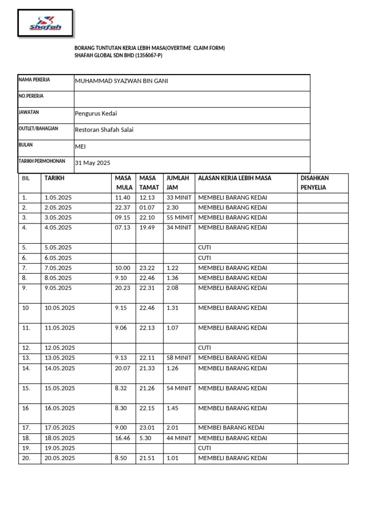 Borang Tuntutan Kerja Lebih Masa Shafah Global SDN BHD | PDF