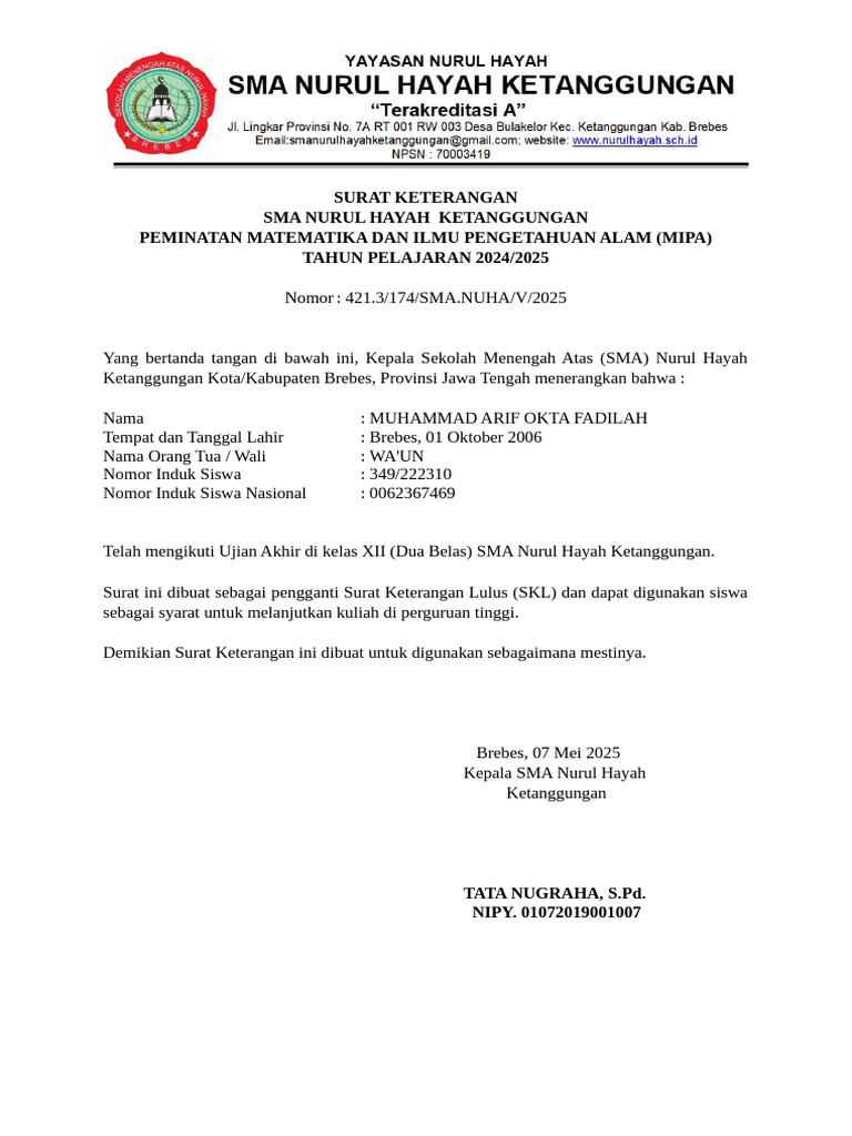Surat Keterangan Lulus SMA 2025 | PDF