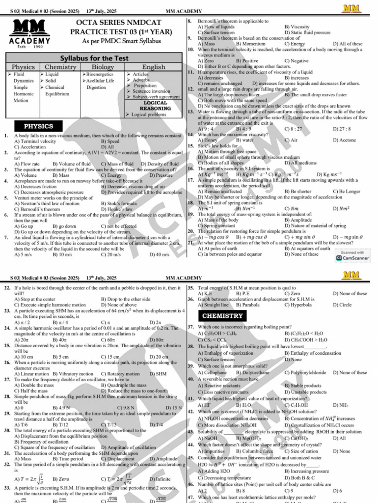 MM Octa 3 Test (13 July 2025) +key by DR ZEESHAN Khan | PDF