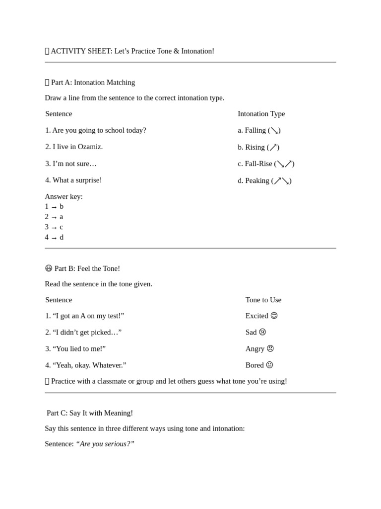 Suprasegmental Phoneme - Tone and Intonation Activity Sheet | PDF