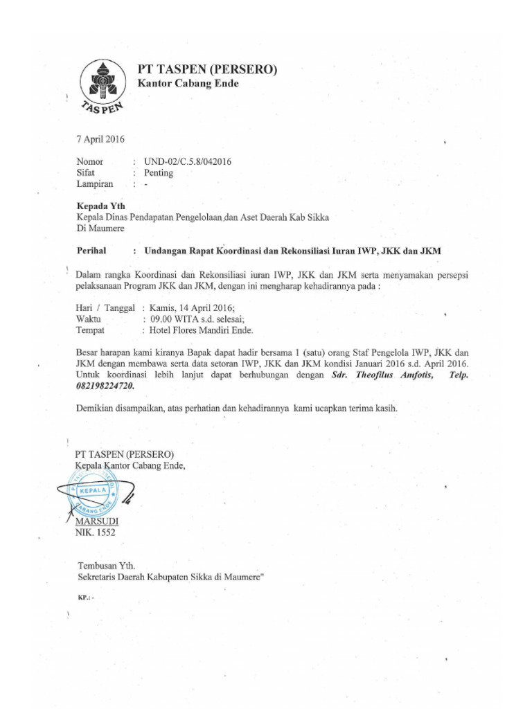 Undangan Rapat & Rekon Iwp JKK JKM Kab Sikka | PDF