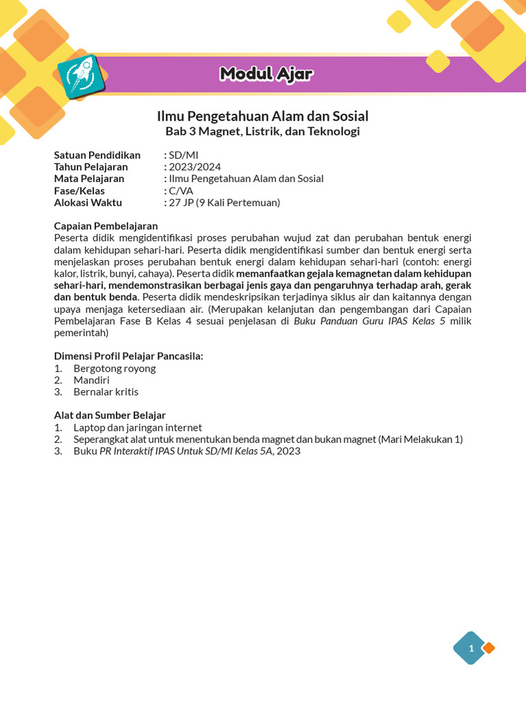 Modul Ajar PR Ipas 5a 2023-2024 Bab 3 | PDF
