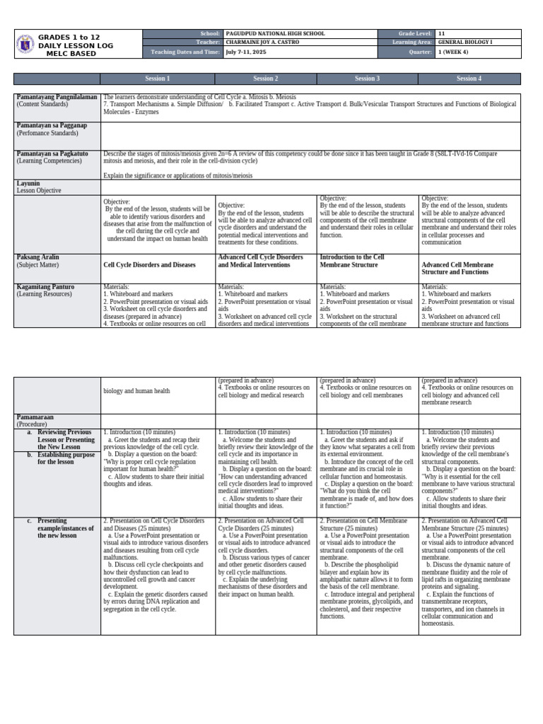 Grade 11 Biology Lesson Plans | PDF | Cell Membrane | Cell Signaling