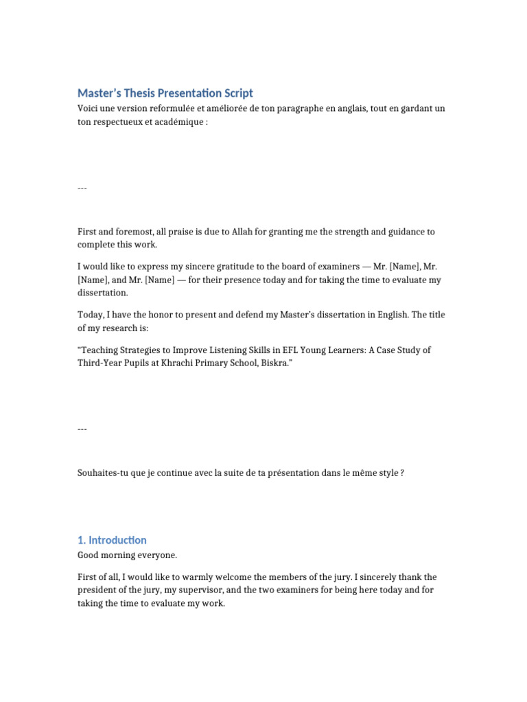 Master Thesis Presentation Script | PDF | Teachers | Methodology