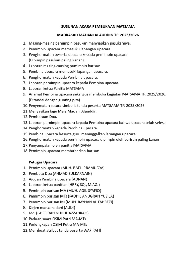 Susunan Acara Pembukaan MATSAMA 2025/2026 | PDF