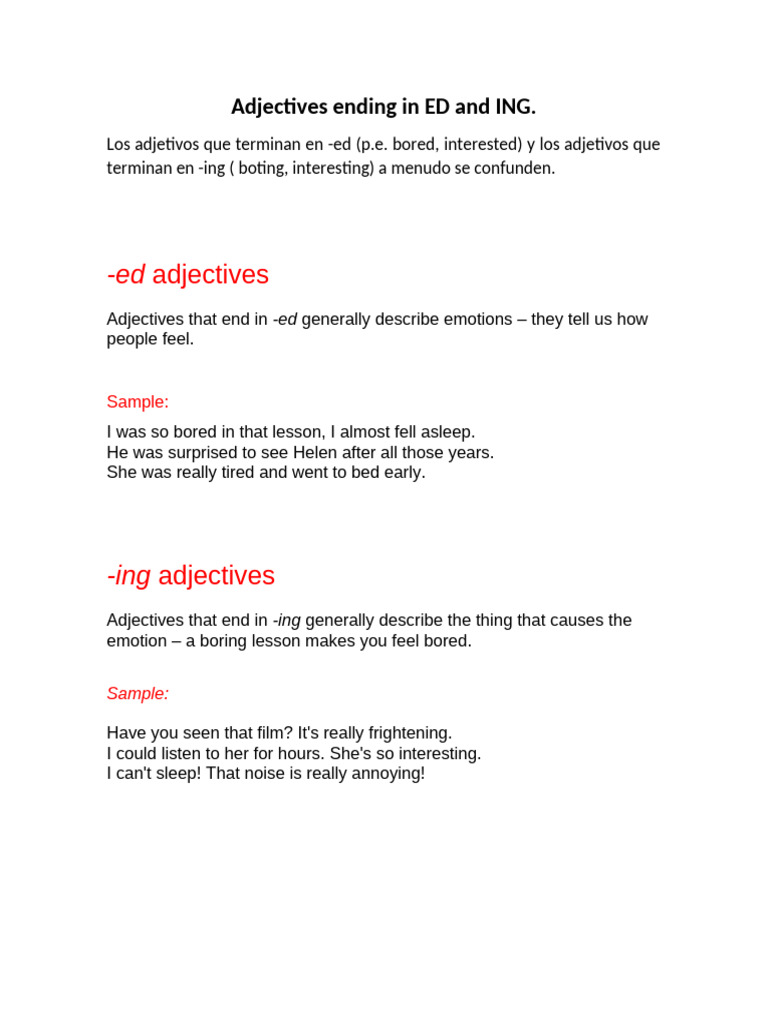 Adjectives Ending in ED and ING | PDF