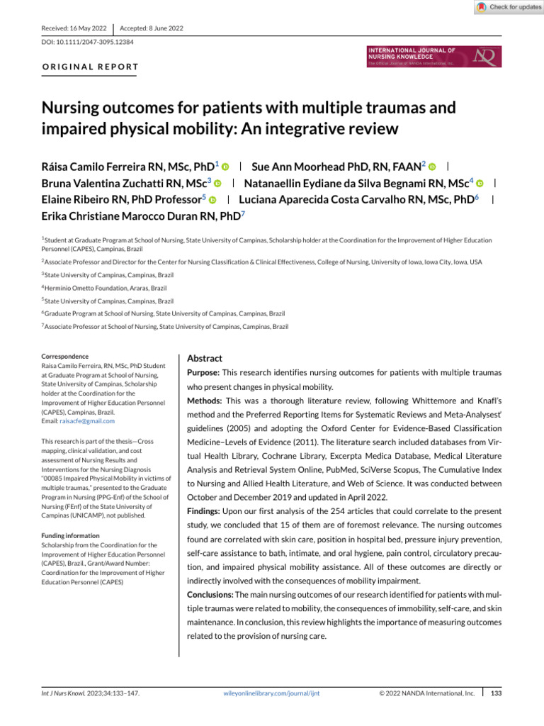 Nursing Outcomes for Impaired Mobility | PDF | Major Trauma | Nursing