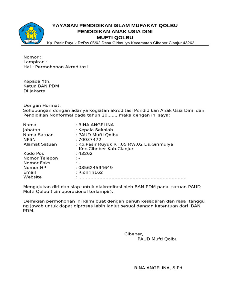 Permohonan Akreditasi PAUD Mufti Qolbu | PDF