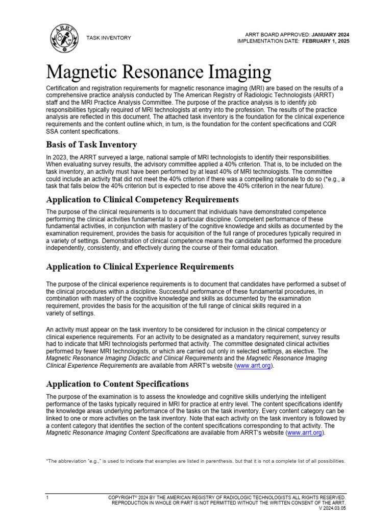 MRI Certification Task Inventory 2024 | PDF | Magnetic Resonance ...