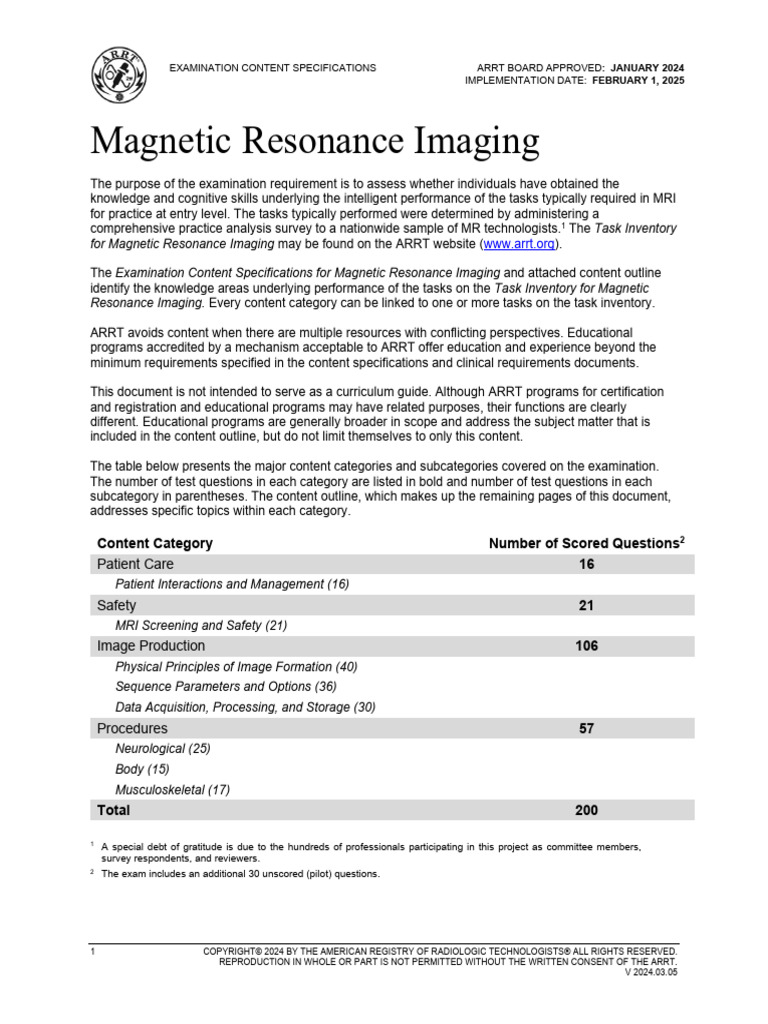 ARRT MRI Exam Content Specifications 2025 | PDF | Magnetic Resonance ...