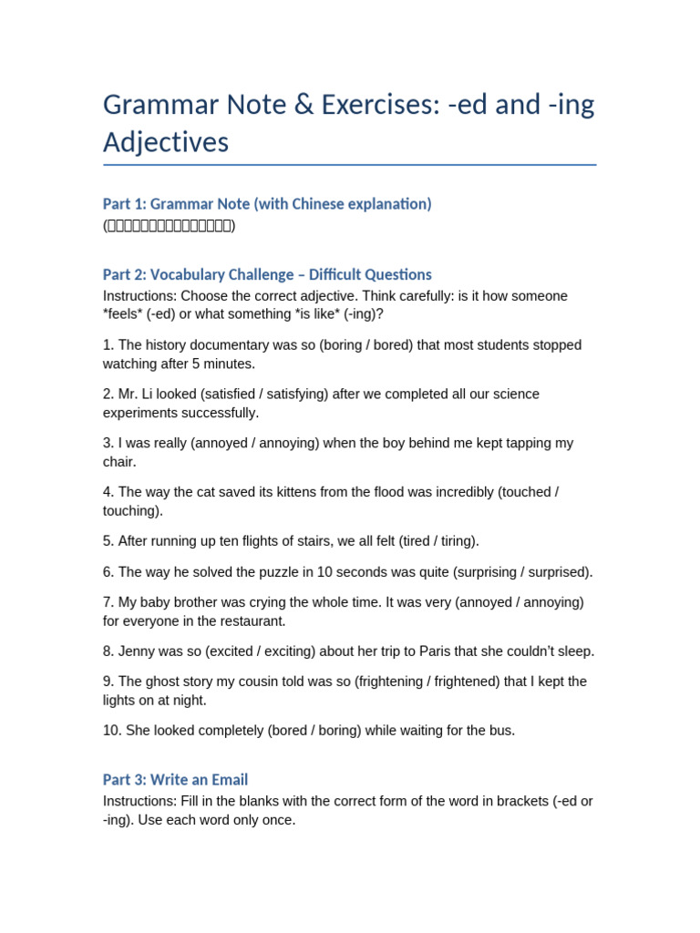 Ed Ing Adjectives Exercise | PDF