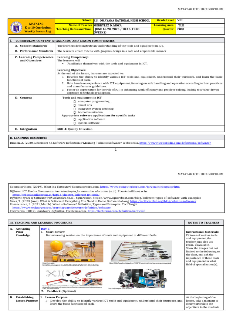 DLL Matatag - Tle 8 q1 w1 | PDF | Computer Network | Educational Technology