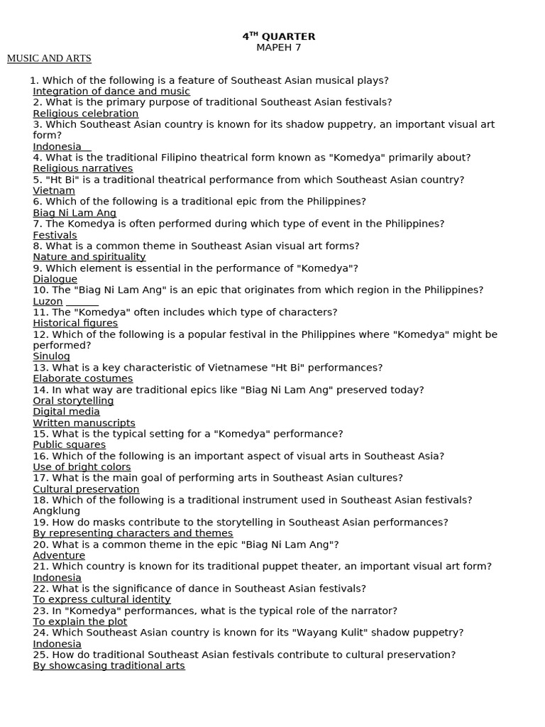 q4 Periodical Test - Mapeh 7 (Test Questionnaire) | PDF