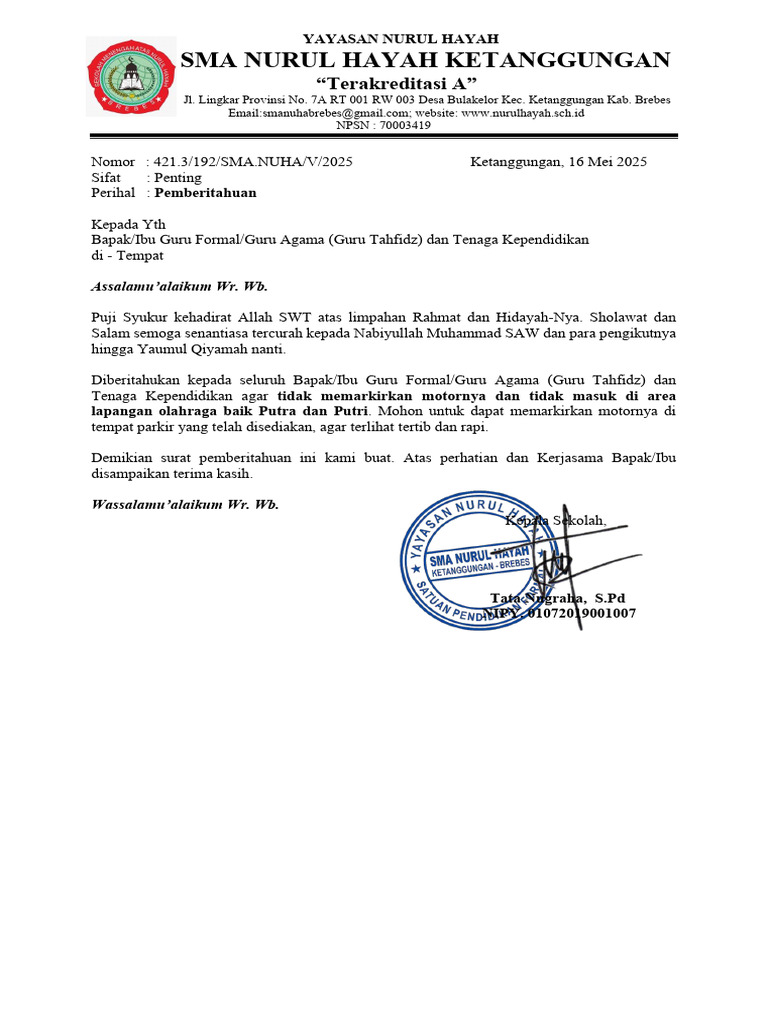 192 - Surat Pemberitahuan Guru Dan Tenaga Kependidikan Sma Nurul Hayah ...