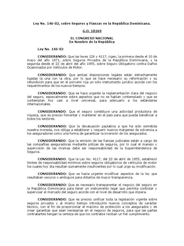 Ley Seguros y Fianzas 146-02 | PDF | Póliza de seguros | Seguro