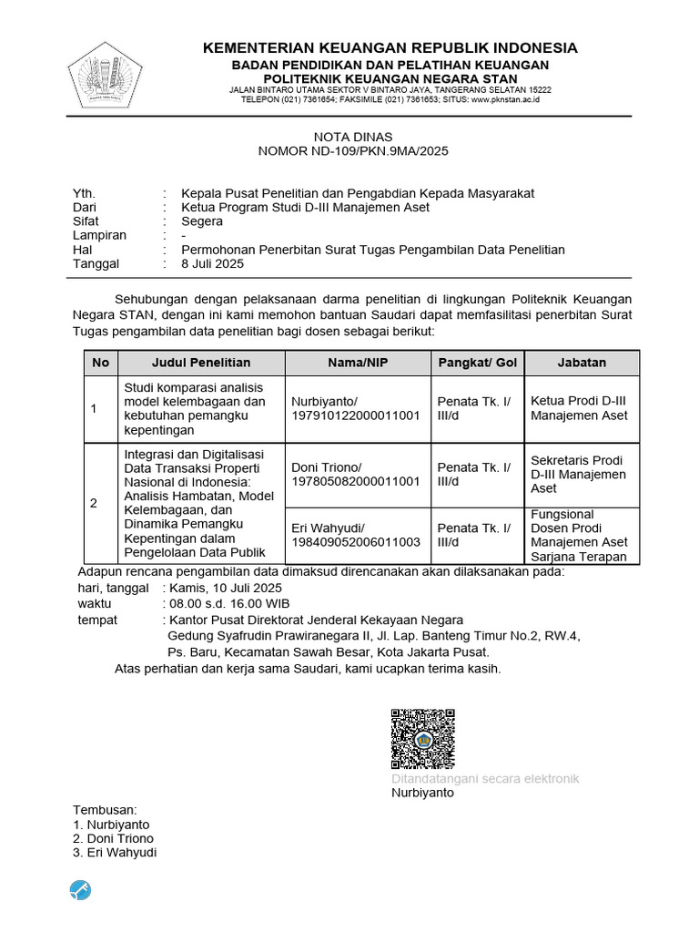Permohonan Penerbitan Surat Tugas Pengambilan Data Penelitian | PDF