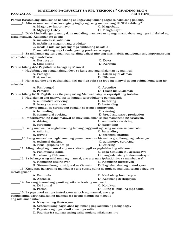 Maikling Pagsusulit Sa FPL #4 | PDF