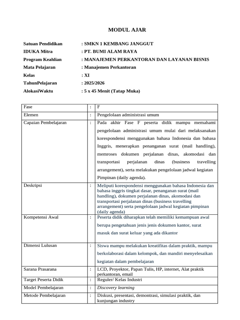 MODUL AJAR MP SMKN 1 KJ Berstandar Dudi | PDF