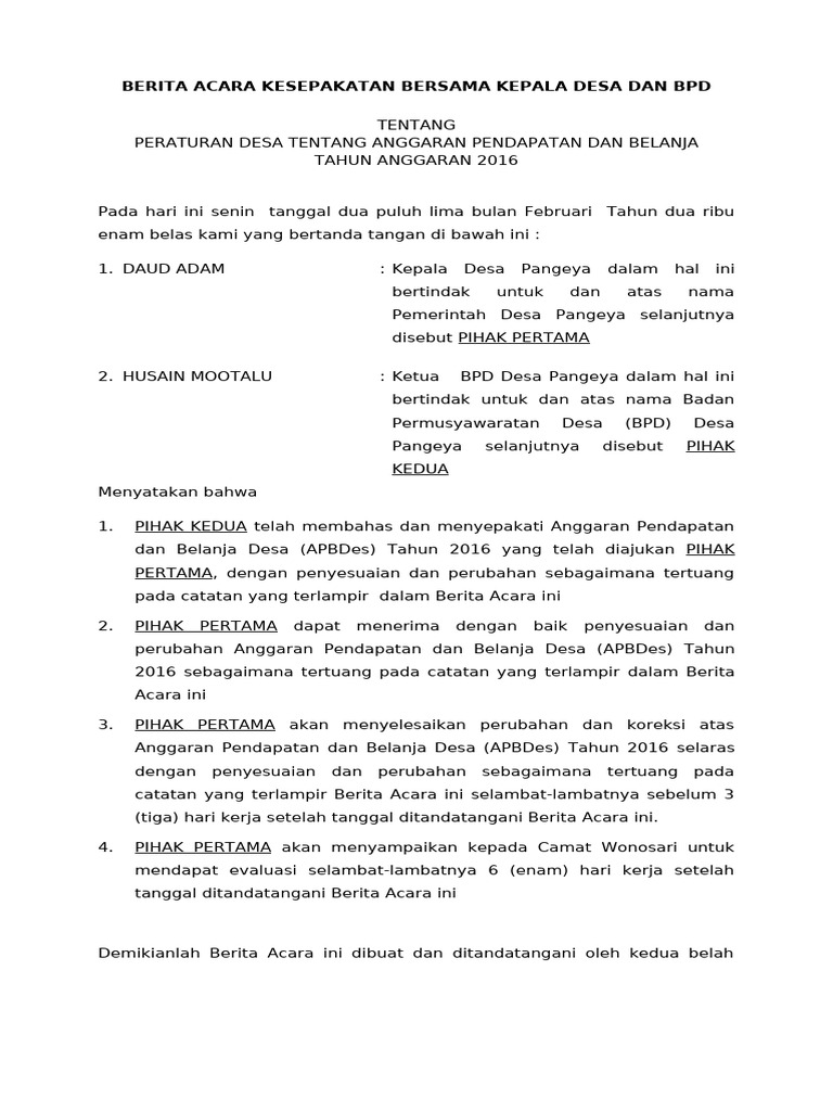Berita Acara Kesepakatan Bersama Kepala Desa Dan BPD | PDF