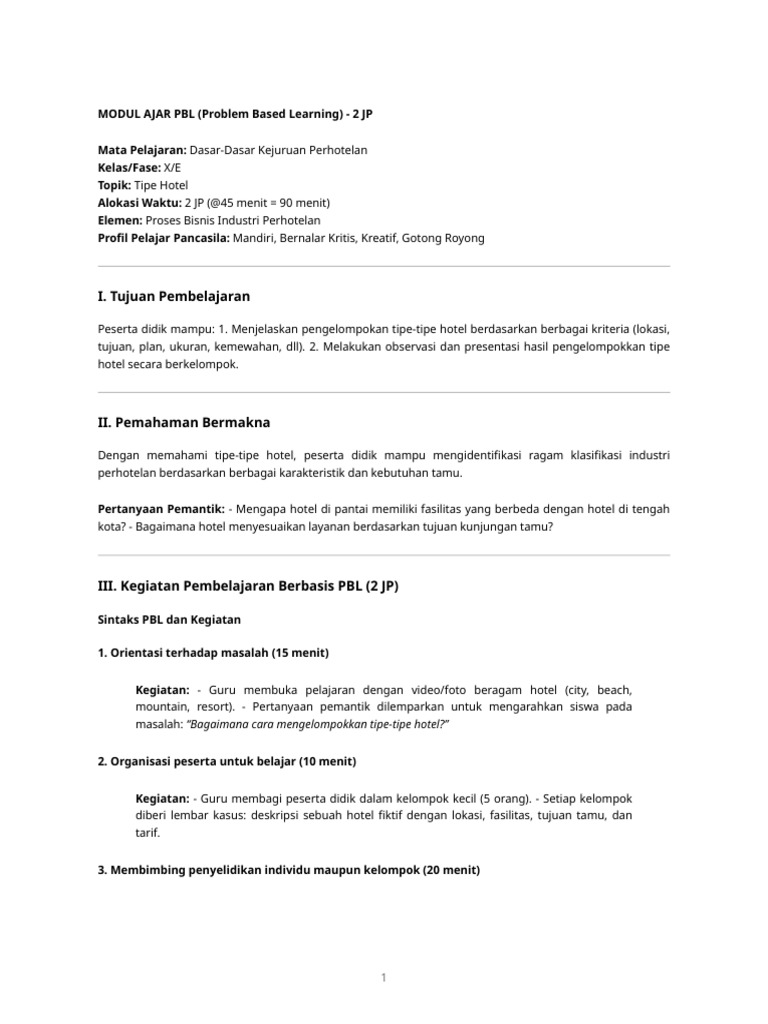 Modul PBL Tipe Hotel | PDF