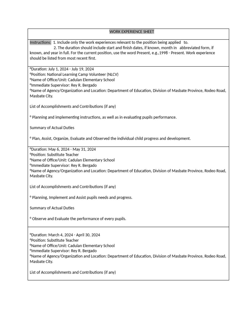 Work Experience Sheet 2025 PDF Download | PDF | Teachers | Cognition