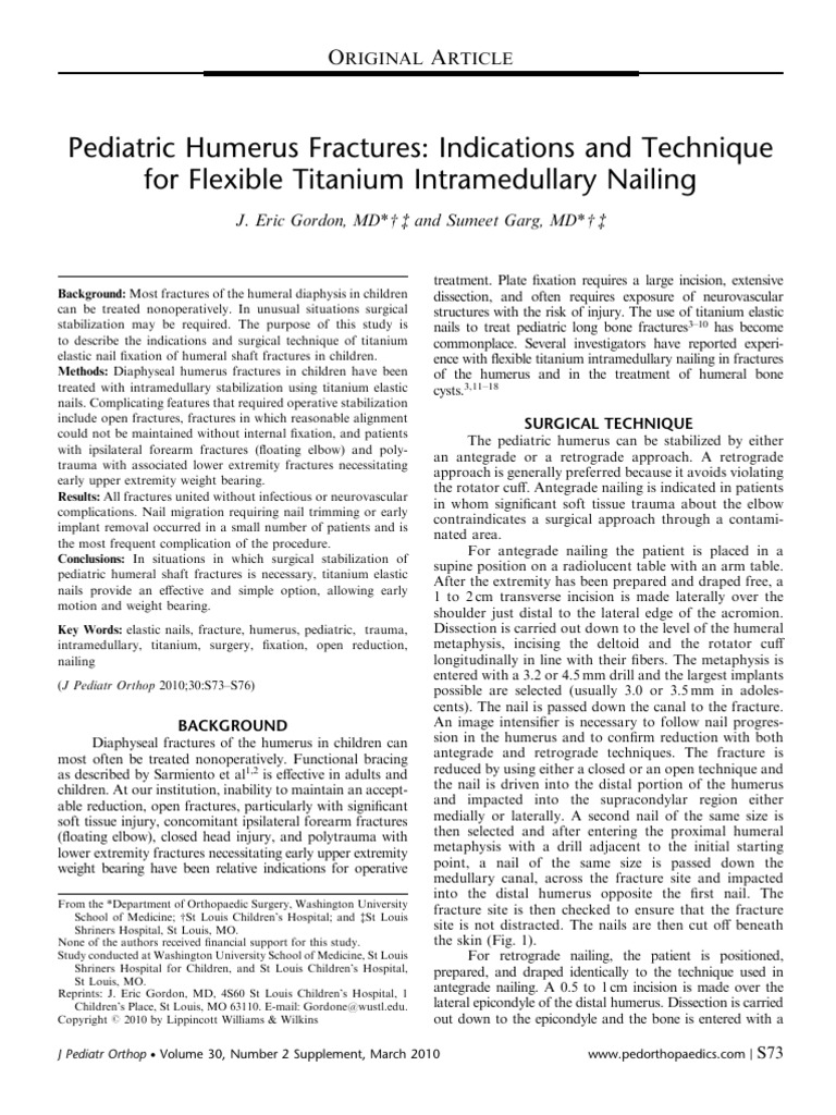 Pediatric Humerus Fracture Nailing Techniques | PDF | Elbow ...