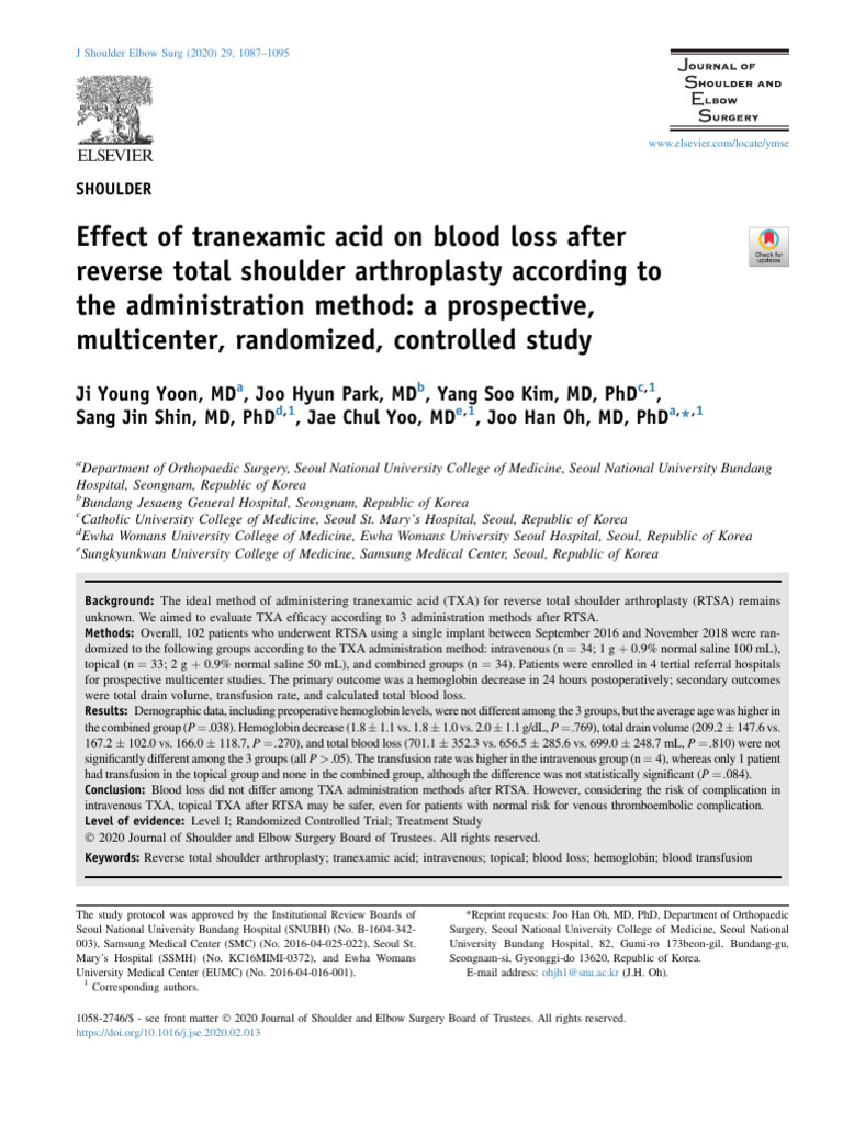 TXA Administration Methods in RTSA Study | PDF | Thrombosis | Vein