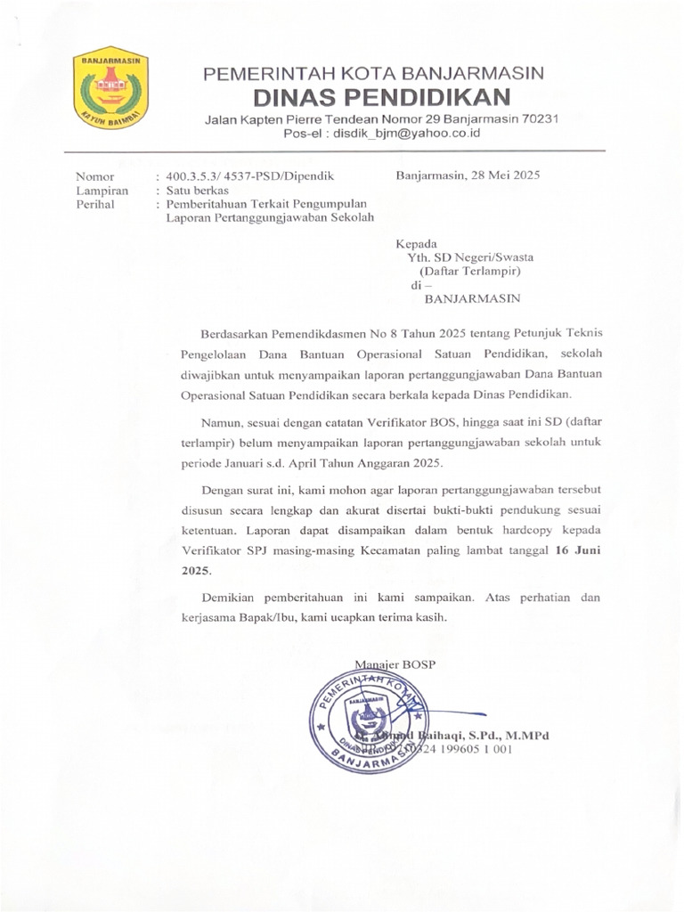 Surat Pemberitahuan SPJ SD TA.2025 | PDF