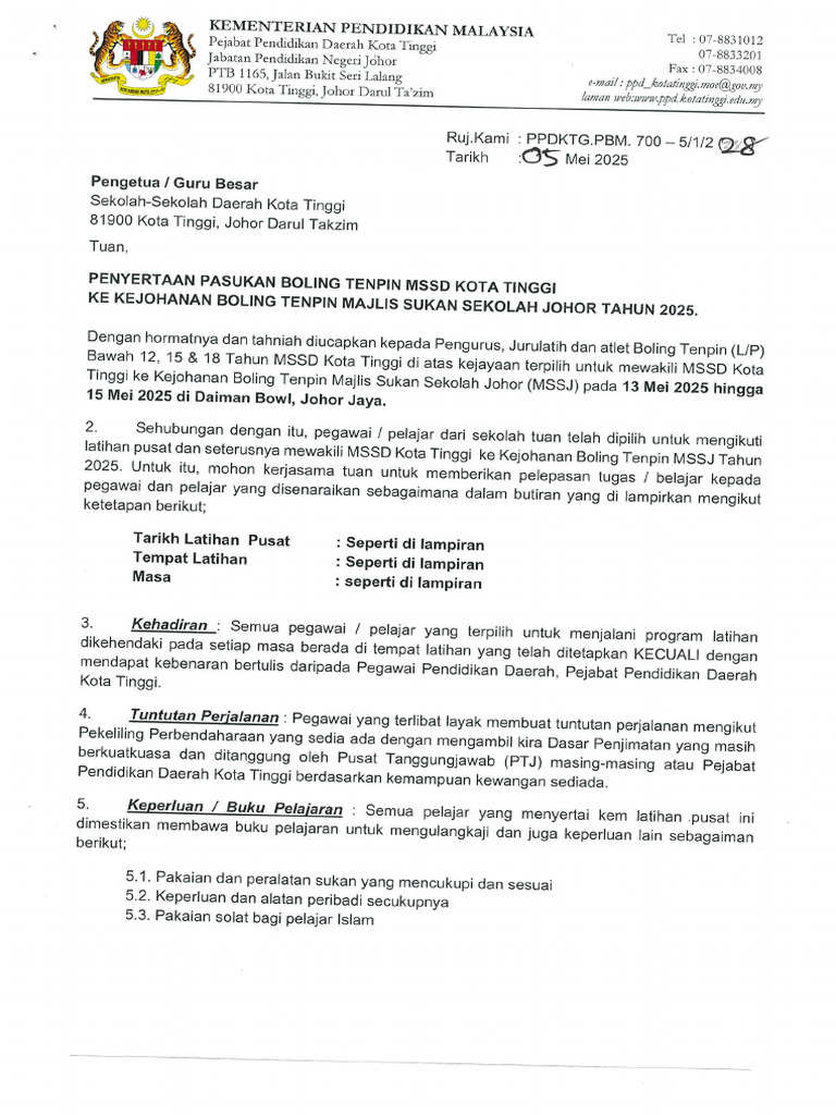 Surat Latihan Pusat Dan Ke MSSJ Boling Tenpin | PDF