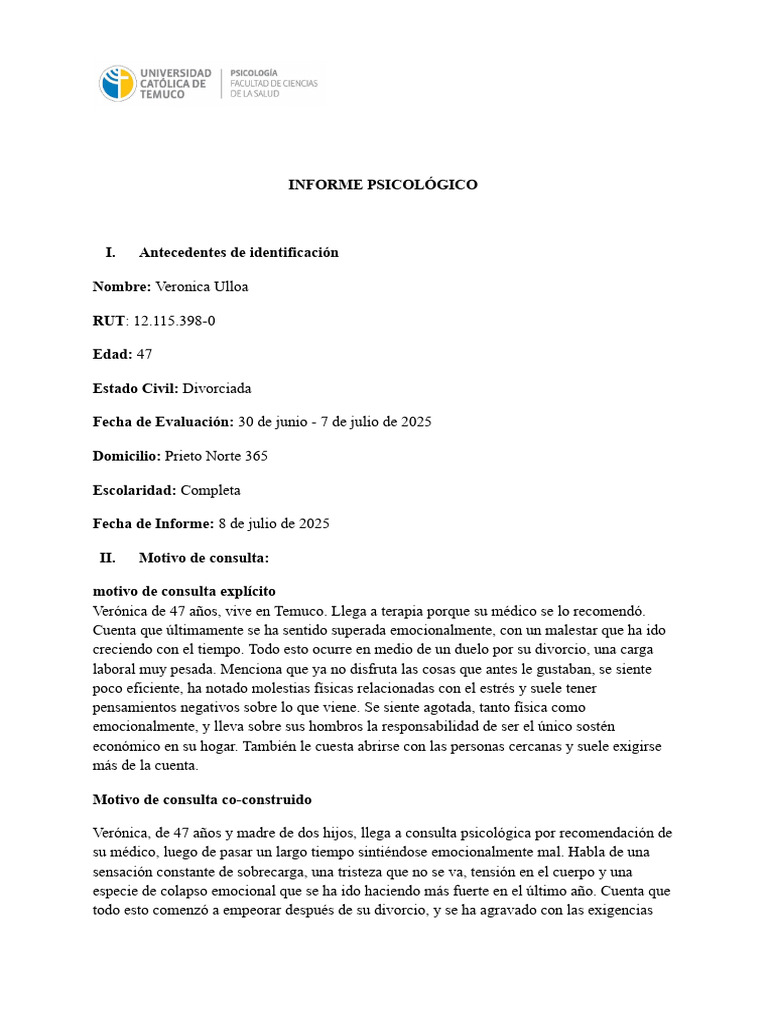 Informe Psicológico de Verónica Ulloa | PDF | Depresión (estado de ...