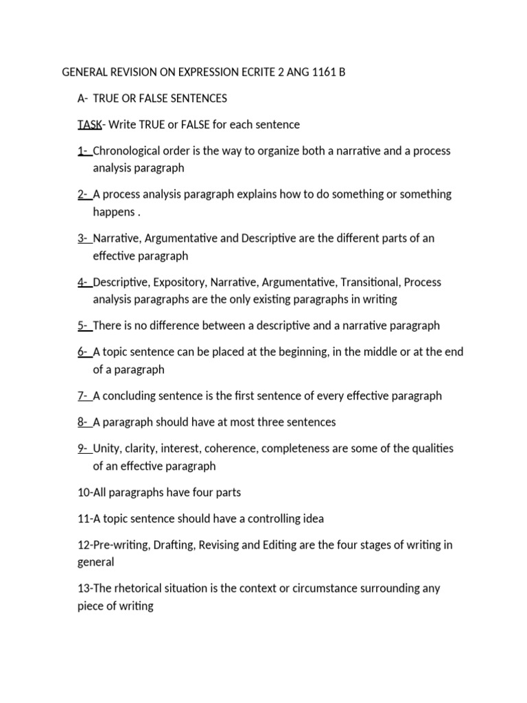Paragraph Writing: True/False & Questions | PDF | Narrative