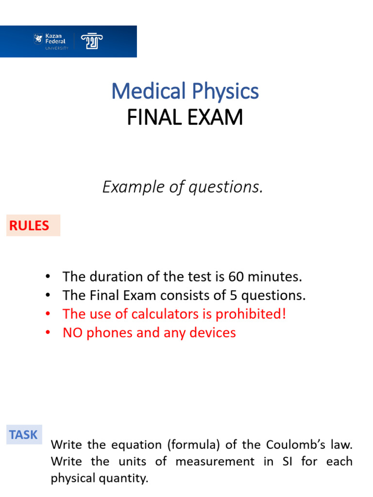 Medical Physics Final Exam Questions | PDF | Capacitance | Voltage