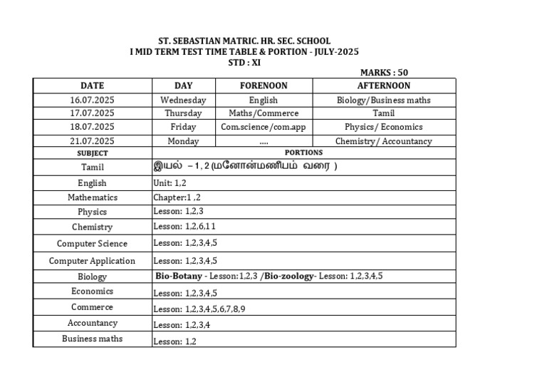 STD Xi - First Mid Term Portion & Time Table-2025 | PDF