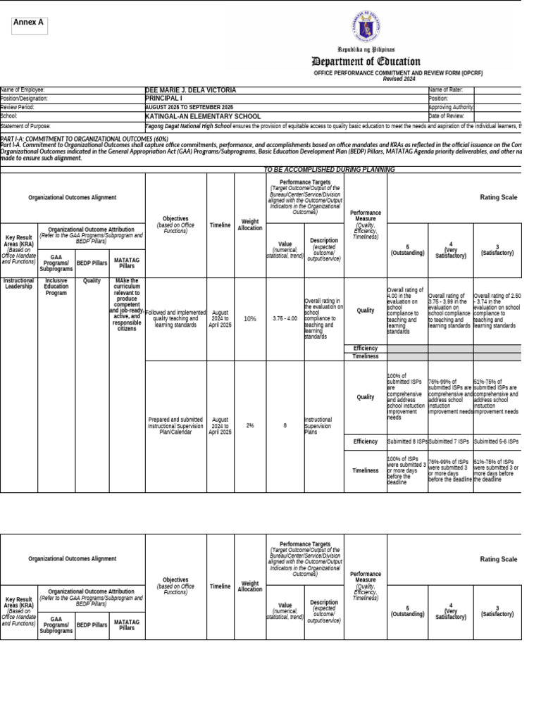 OPCRF of School Heads SY 24 25 Edited Template | PDF | Learning
