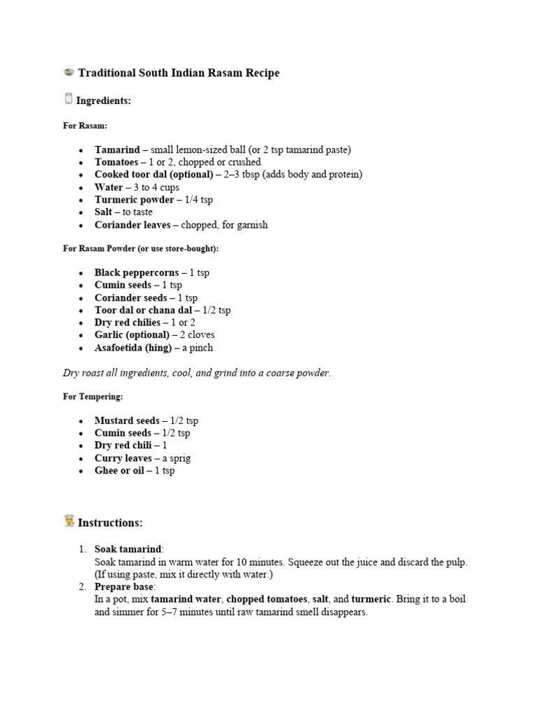 Traditional South Indian Rasam Recipe | PDF