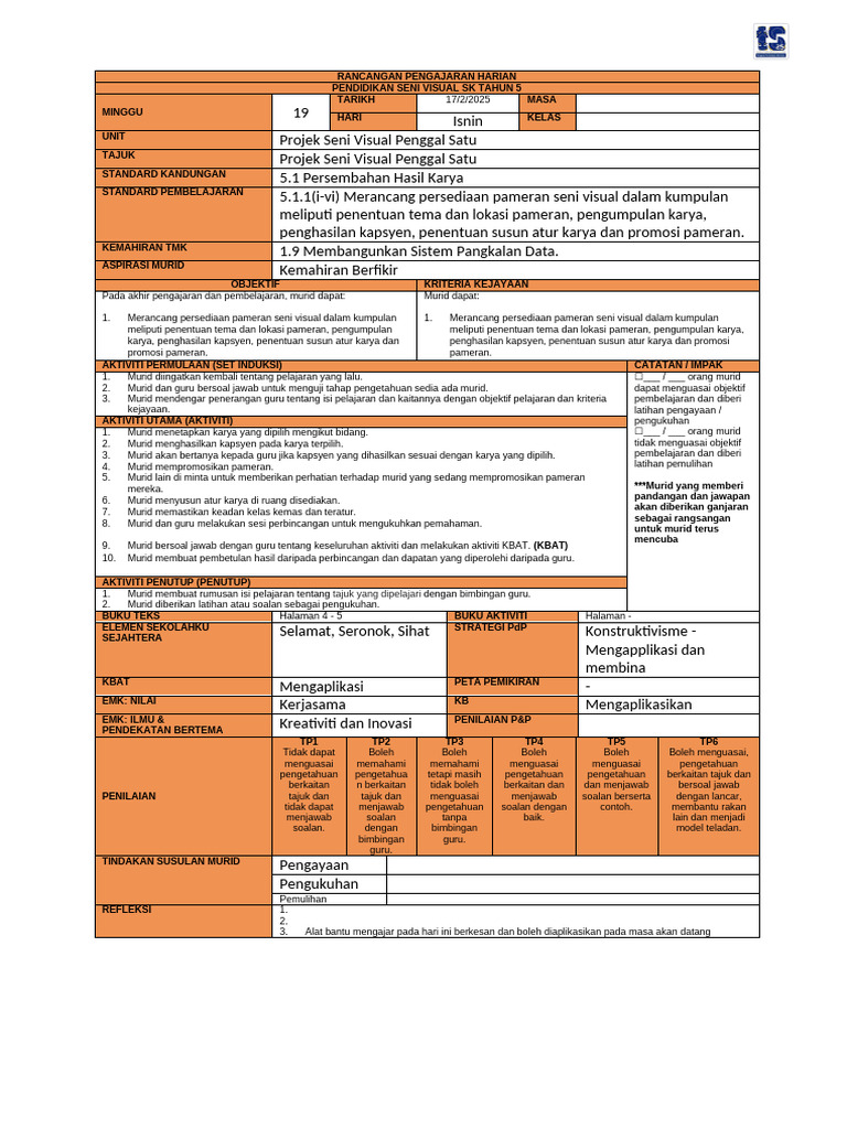 RPH Minggu 19 PSV SK THN 5 2025 by Cikgu Gorgeous | PDF