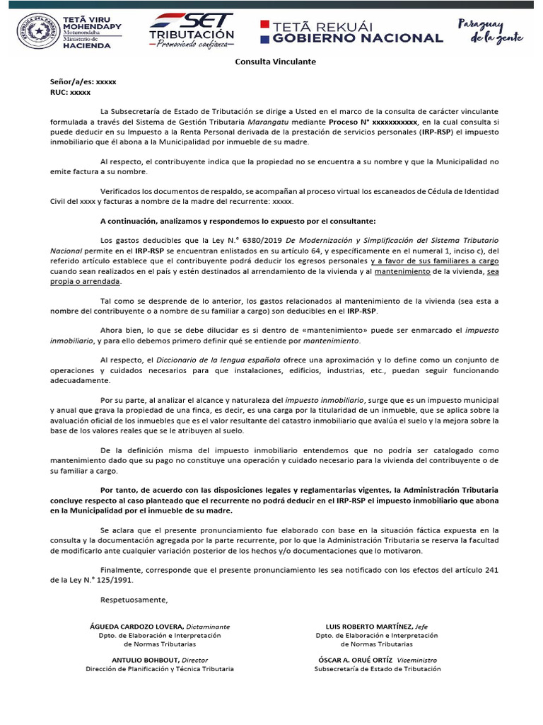 IRP RSP - Consulta Sobre Deducibilidad Del Impuesto Inmobiliario | PDF | Impuestos