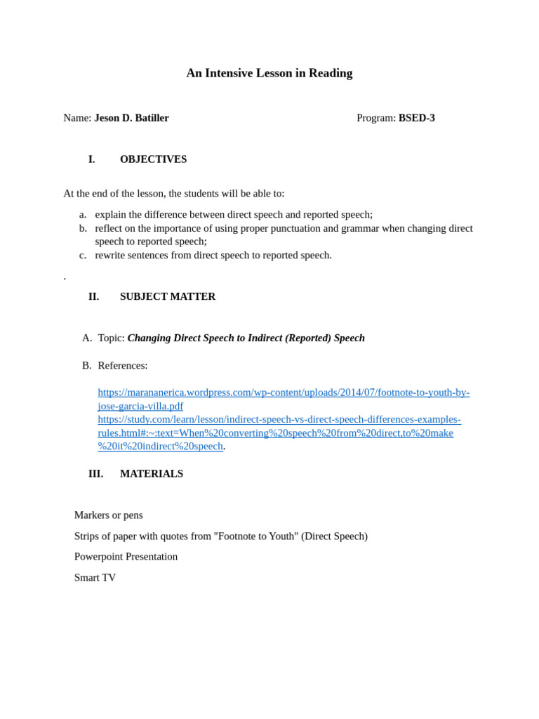 Direct to Reported Speech Lesson Plan | PDF | Verb | Pronoun