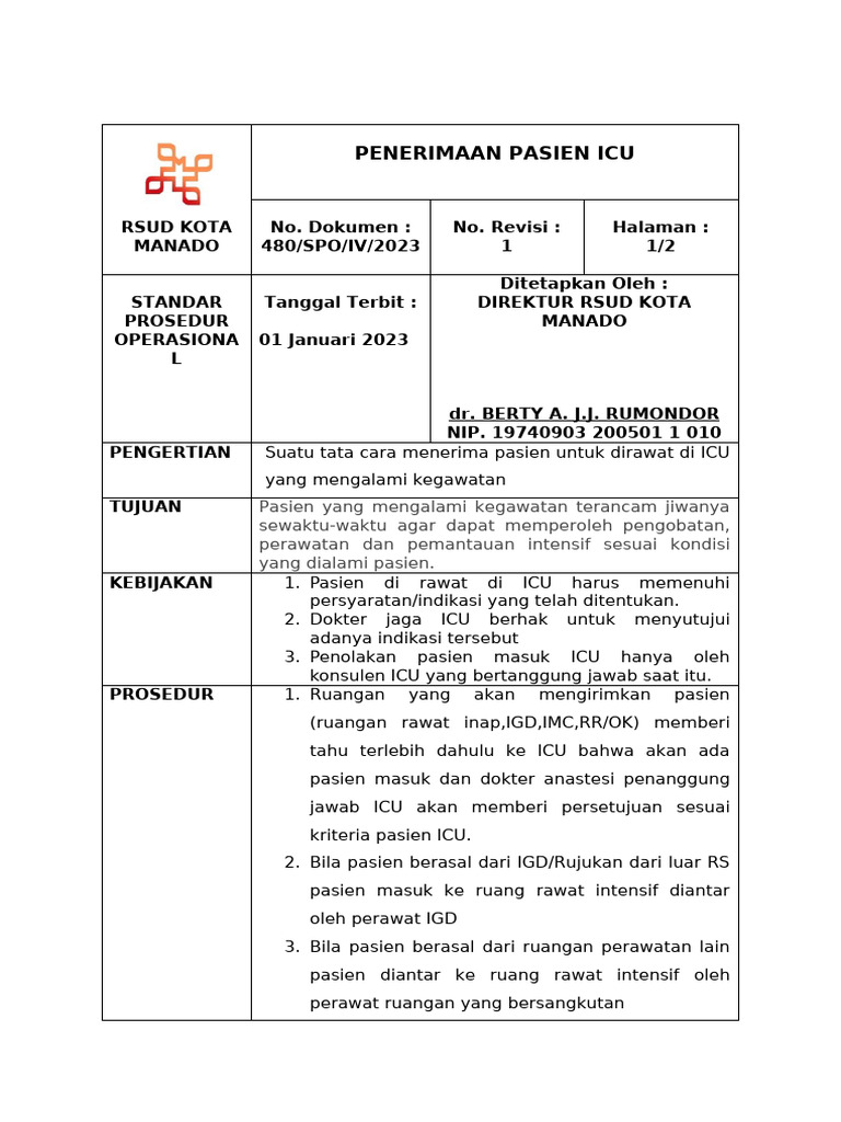Sop Penerimaan Pasien Icu | PDF