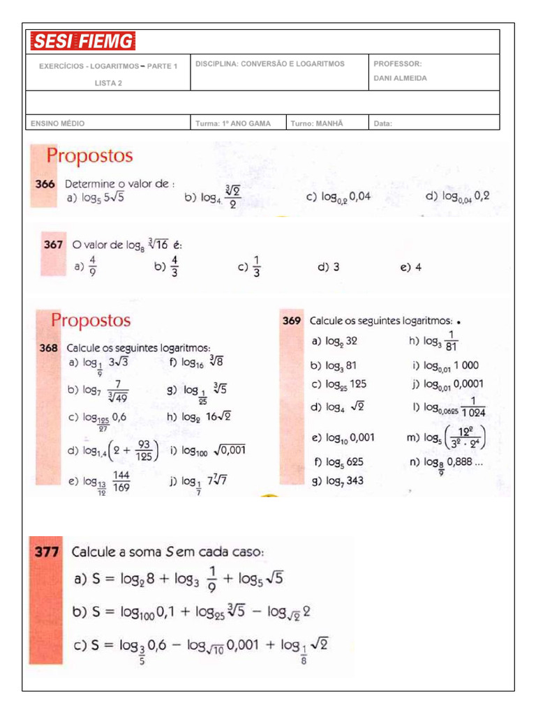 Exercícios - Logaritmos Parte1 - Lista 2 | PDF