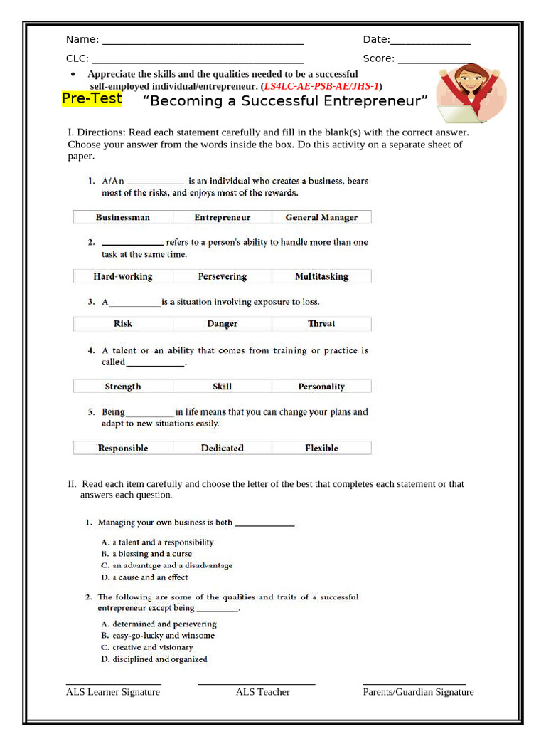 LS4 - Worksheets-JHS (Becoming A Successful Entrepreneur) | PDF ...