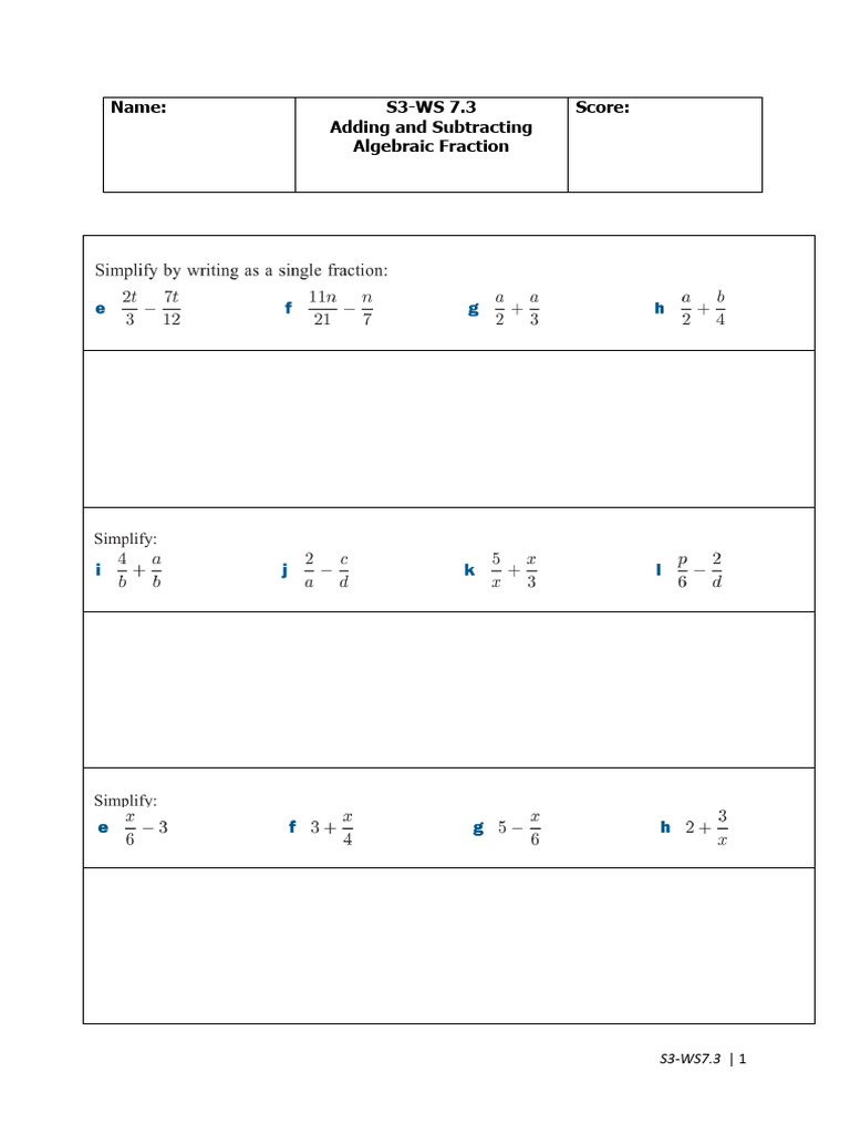 S3-WS7.3 Adding and Subtracting Algebraic Fraction | PDF