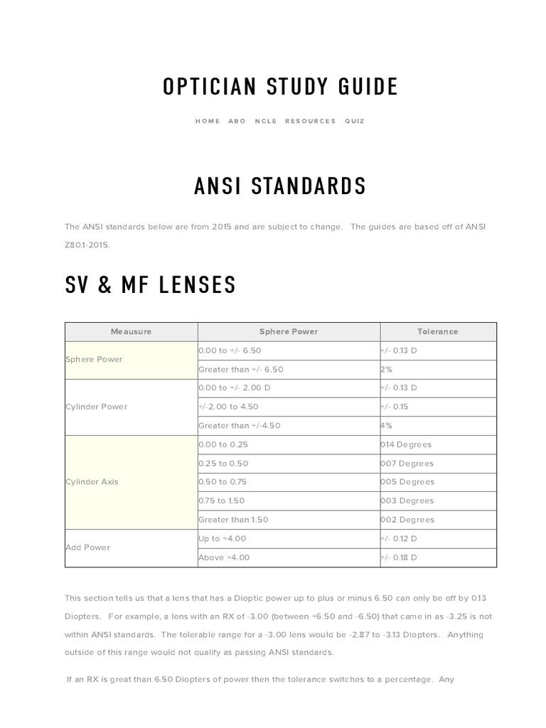 ANSI Tolerance Standards for Optics | PDF